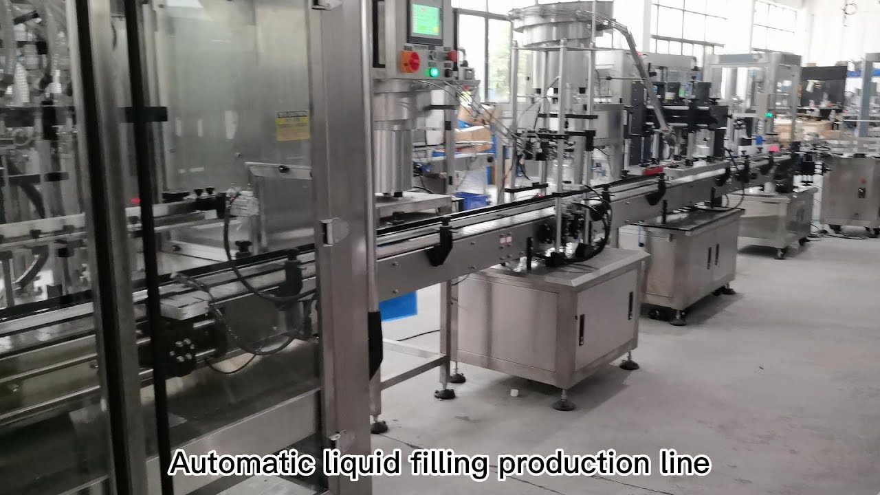 6 head piston liquid filling capping labeling line - YouTube