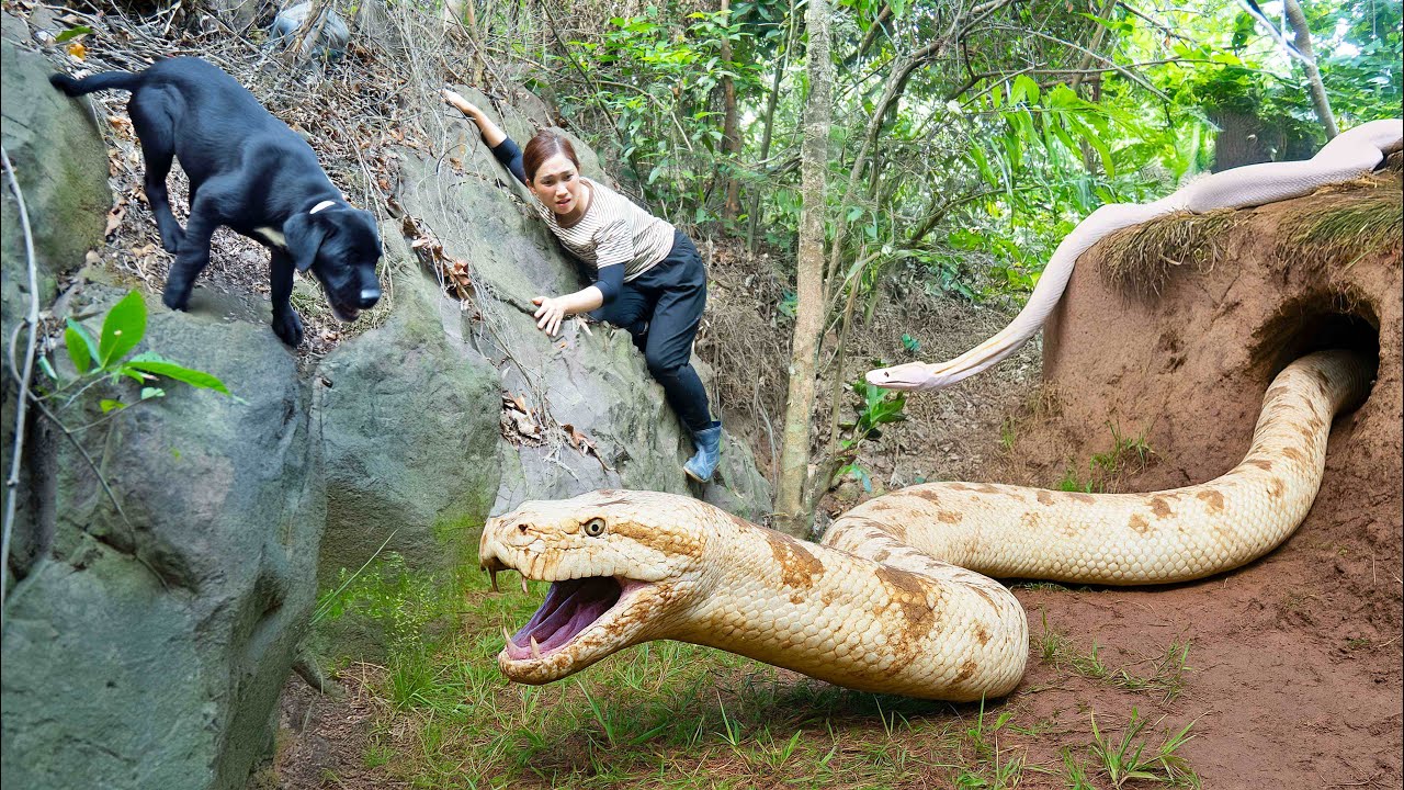 Smart dog and female hunter confront a rare albino python while harvesting in the forest. Ly Thi ...
