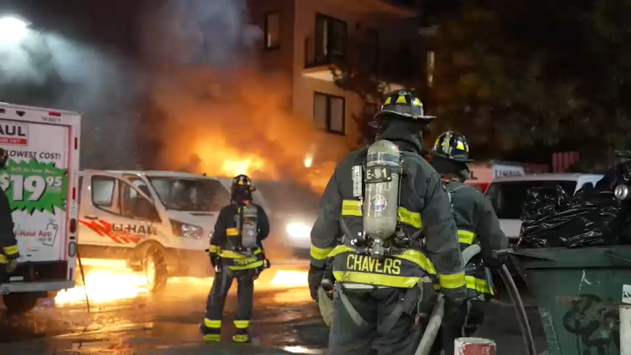 Multiple vans catch fire at gas station in East Harlem - YouTube