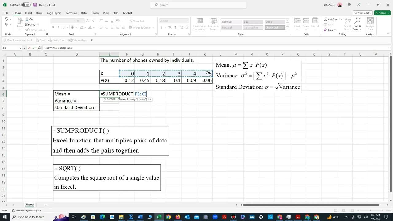 Computing Mean, Variance, St Deviation for Discrete Probabilty Distribution with MS Excel - YouTube