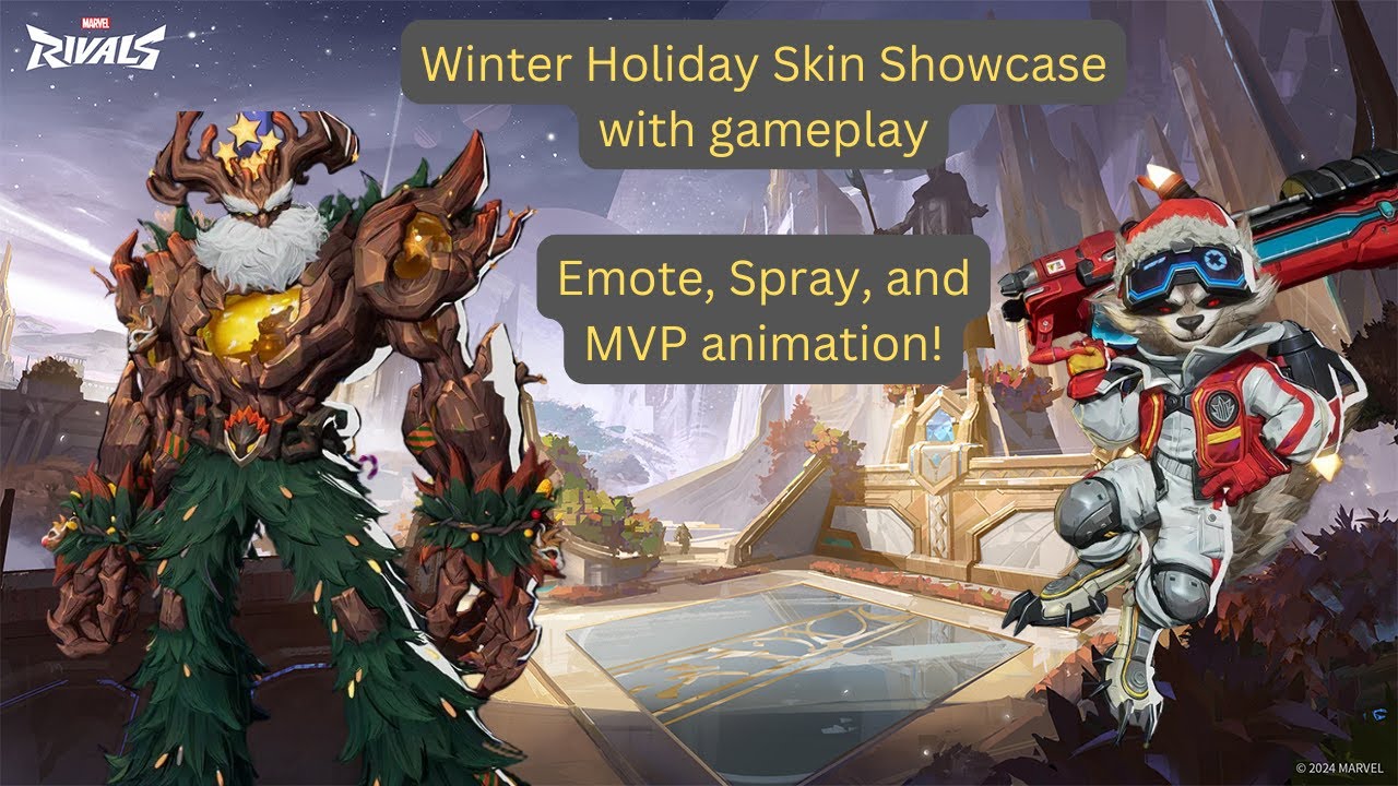 Marvel Rivals Winter Holiday skin showcase with gameplay; Rocket and ...