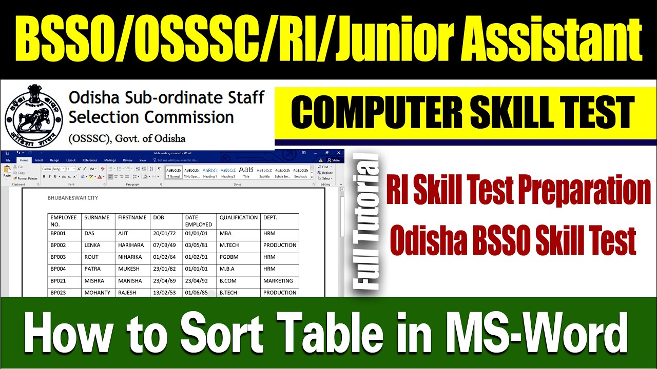 Computer skill test for ri exam odisha | how to sort table in ms word ...