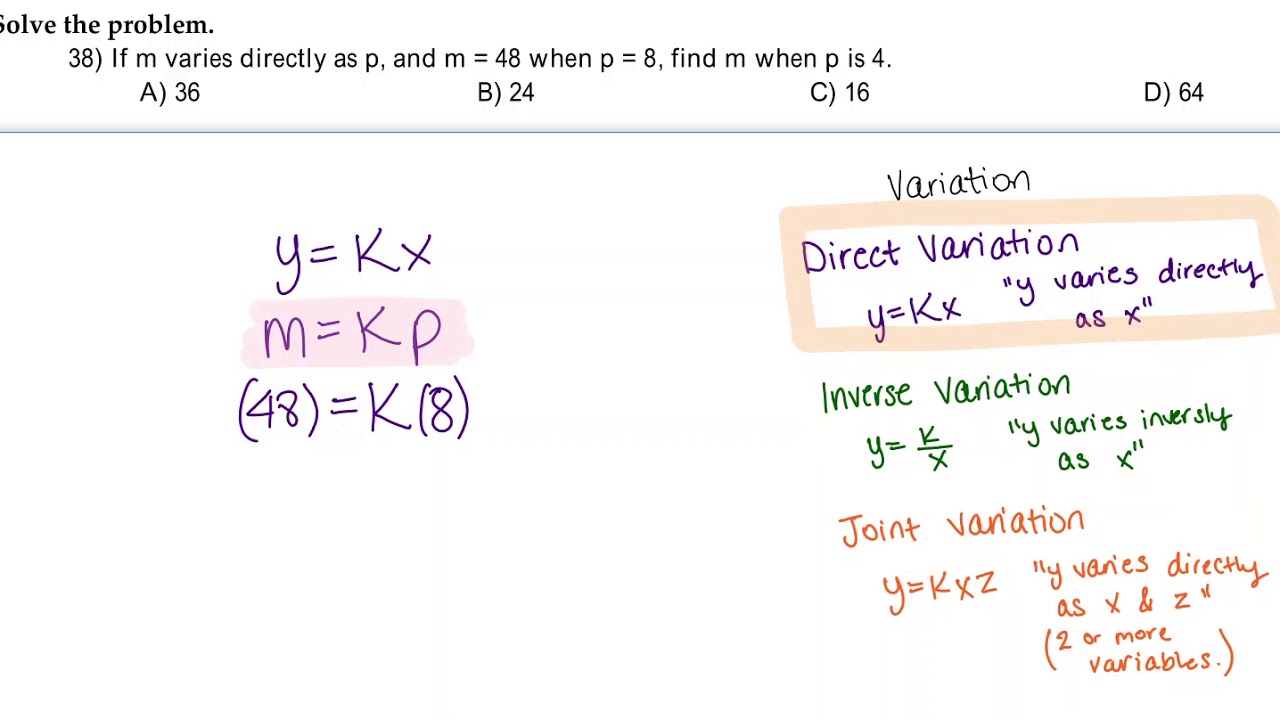 38) If m varies directly as p, and m= 48... - YouTube