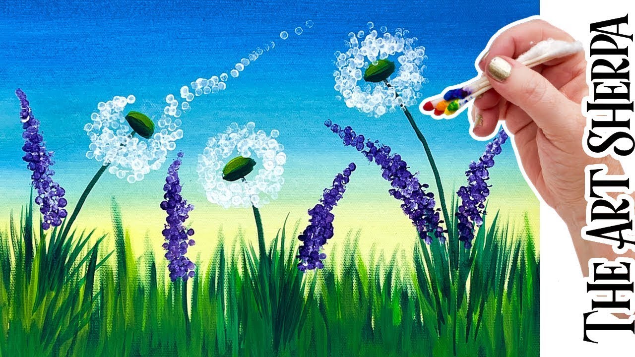 Dandelion Lavender Cotton swabs painting technique for beginners | Easy ...