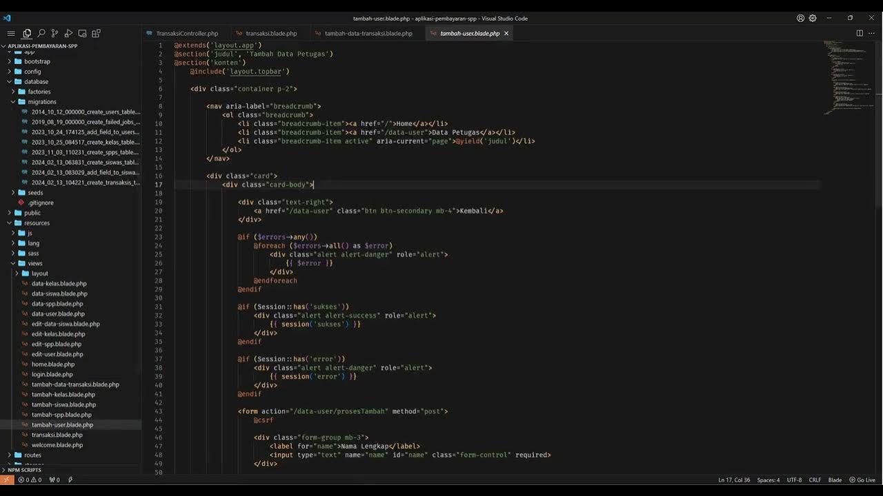 TUTORIAL LARAVEL DASAR PART 11 || MODUL TRANSAKSI, TAMBAH DATA TRANSAKSI DAN MENAMPILKAN DATA ...