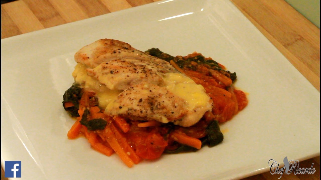 Cheese Chicken Breasts With Spinach Fried Up Together With Carrots ...