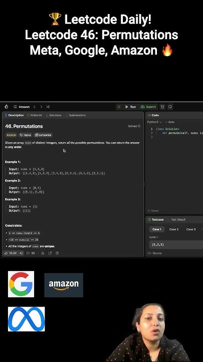 🏆 Leetcode Daily! Leetcode 46 - Permutations in Python | #meta , #google , #amazon🔥 #python # ...