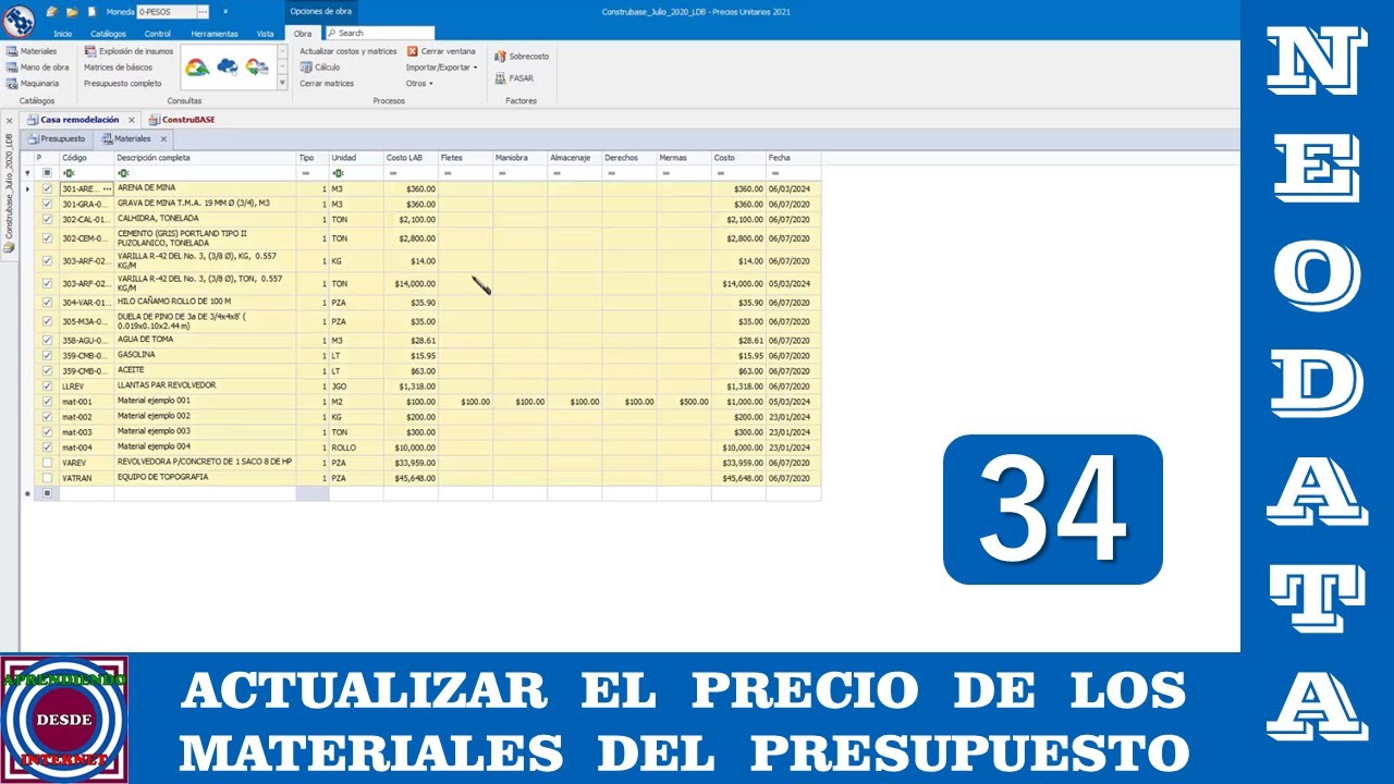 Actualizar el Precio de los Materiales del Presupuesto en Neodata 2021 - YouTube