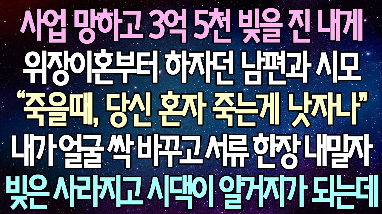 반전 사연 사업 망하고 3억 5천 빚을 진 내게 위장이혼부터 하자던 남편과 시모 내가 얼굴 싹 바꾸고 서류 한장 내밀자 빚은