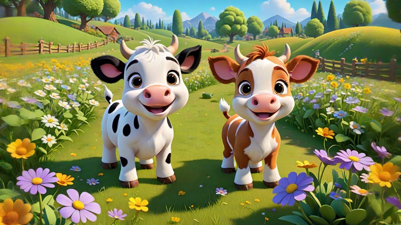 Four Baby Cows Moo and Spin | Cow Song for Kids | Animal Sounds ...