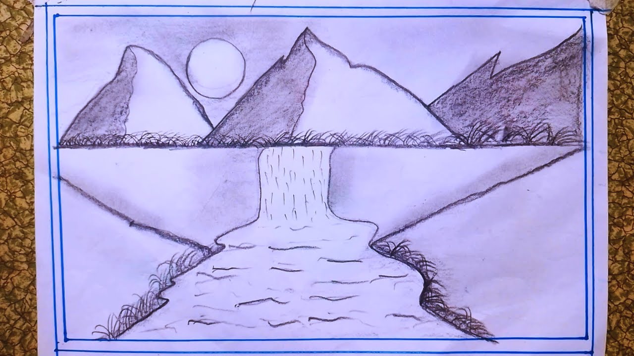 How to draw natural mountain scenery | mountain scenery drawing with ...