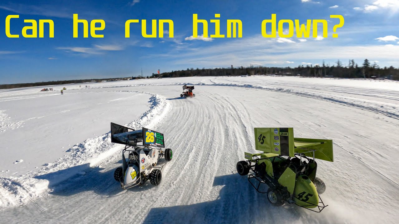 FPV drone chases winged sprint racecars on ice Full race 3-23 - YouTube