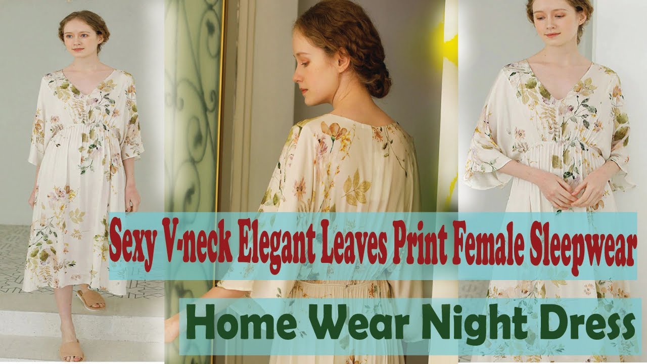 Summer Women's Nightdress Sexy V neck Elegant Leaves Print Female ...