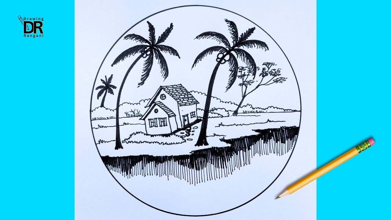 Beautiful Rural Scenery drawing | How to draw a scenery drawing easy ...