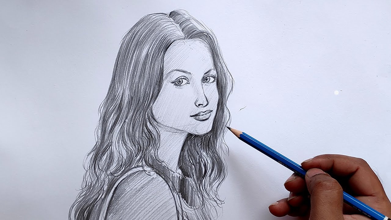 How To Draw A Pretty Girl With Open Hair | DIRECT Sketching |NO TRACING ...