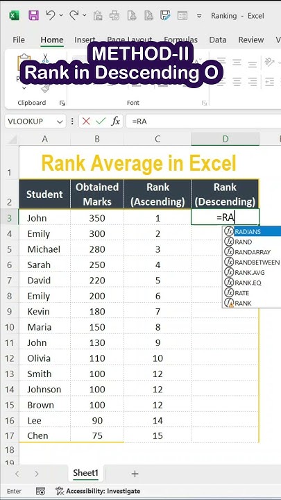 Explore rank average function to rank values in ascending and descending order #excel #exceltips ...