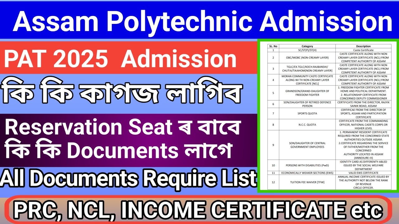 PAT 2025 Admission Process// Assam polytechnic admission Documents ...