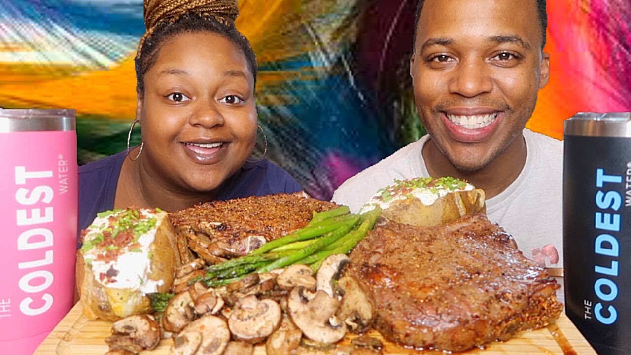 COWBOY RIBEYE STEAKS + BAKED POTATOES MUKBANG 먹방 EATING SHOW - YouTube