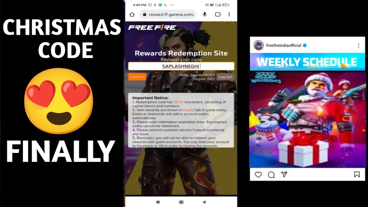 CHRISTMAS DAY REDEEM CODE || 25 DECEMBER REDEEM CODE FREE FIRE||FREE ...