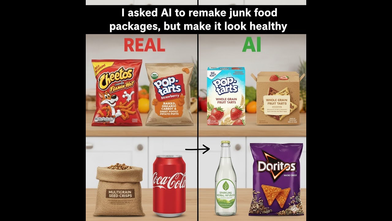 I asked AI to remake junk food packages, but make it look healthy - YouTube