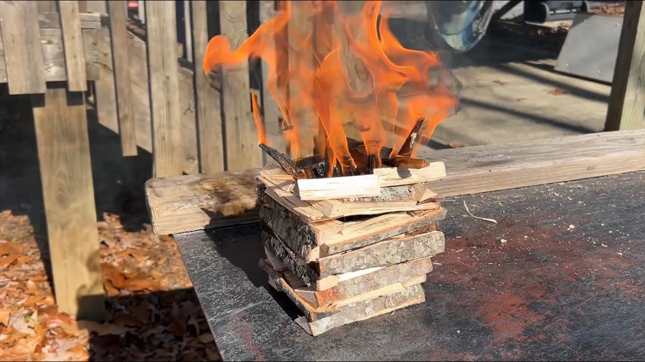 Chinked Log Cabin Fire Lay, Dries n Makes Wet Wood Burn - YouTube
