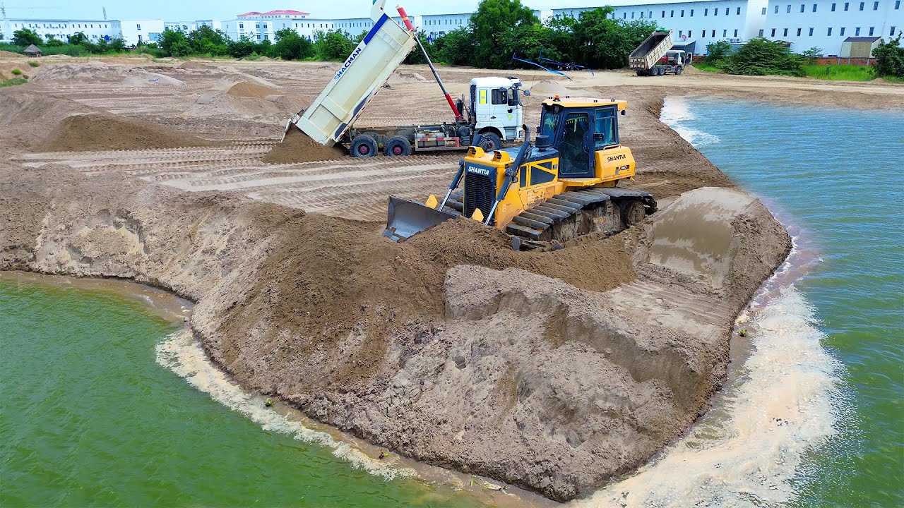 Unbelievable 25T Truck & Bulldozer Work on Water Edge! SHANTUI ...