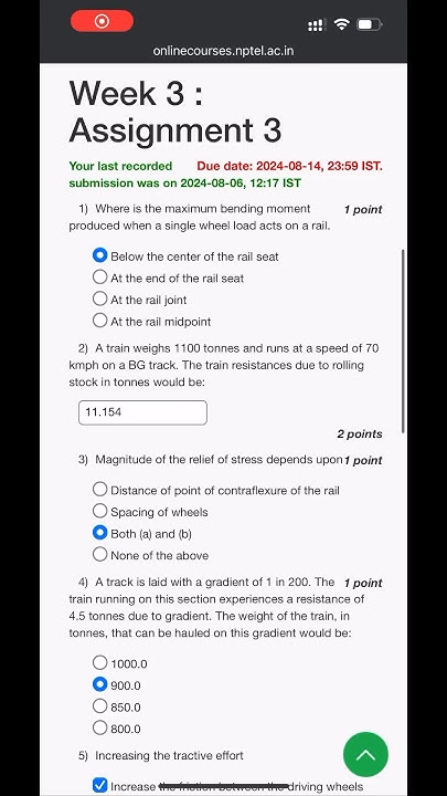 Railway Engineering Week 3 NPTEL Answers #nptelassignmentanswers # ...