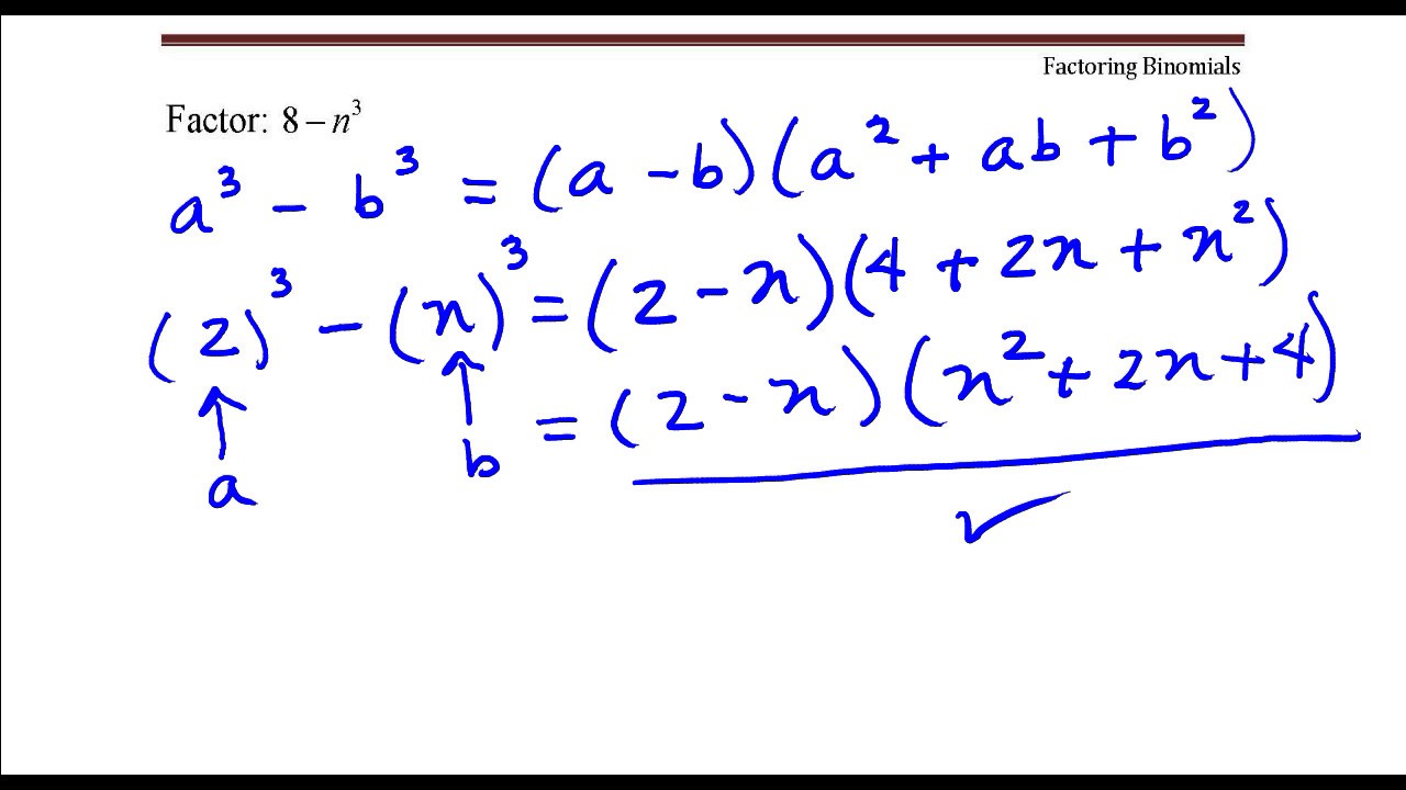 Factor the difference of cubes binomial 8-n^3 - YouTube