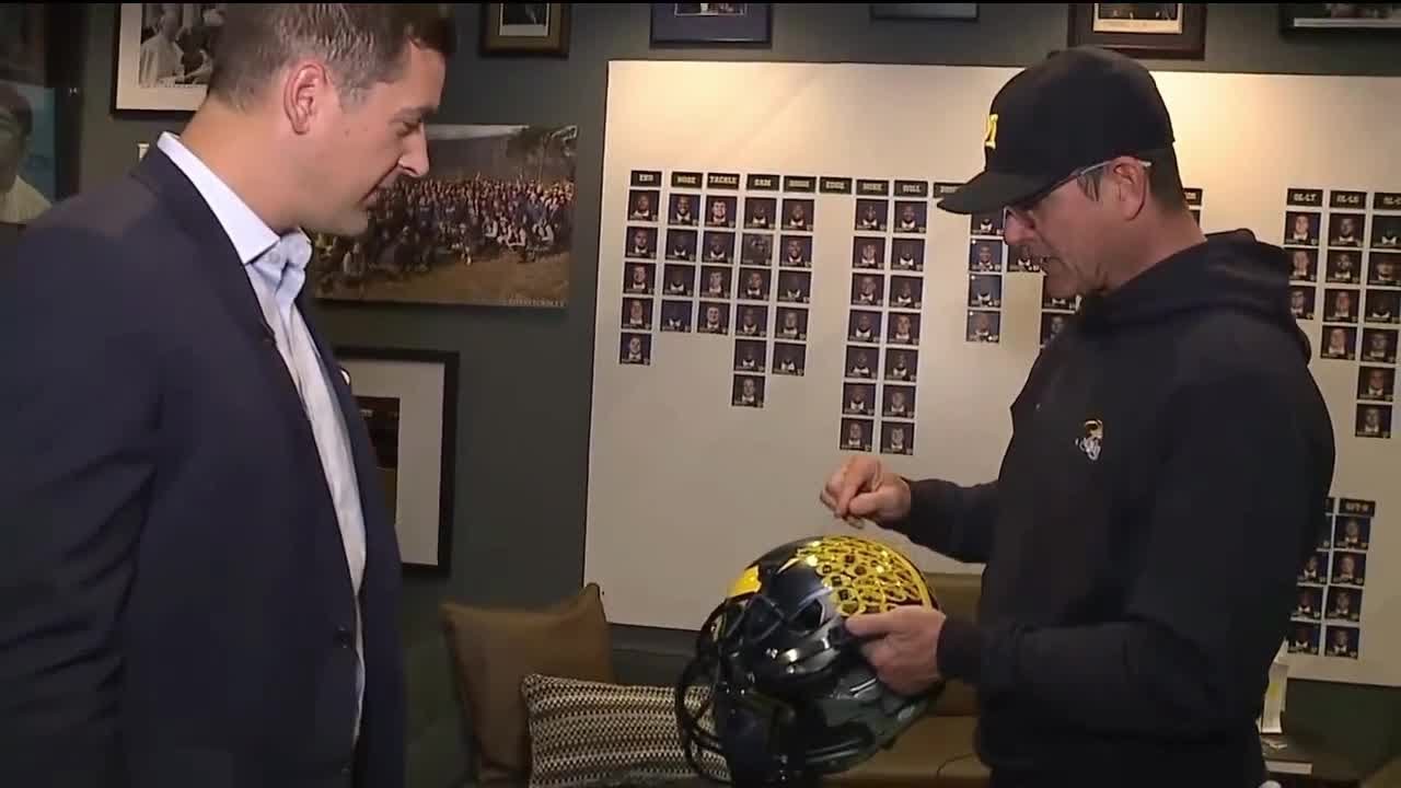 Jim Harbaugh shows off custom helmet during office tour - YouTube