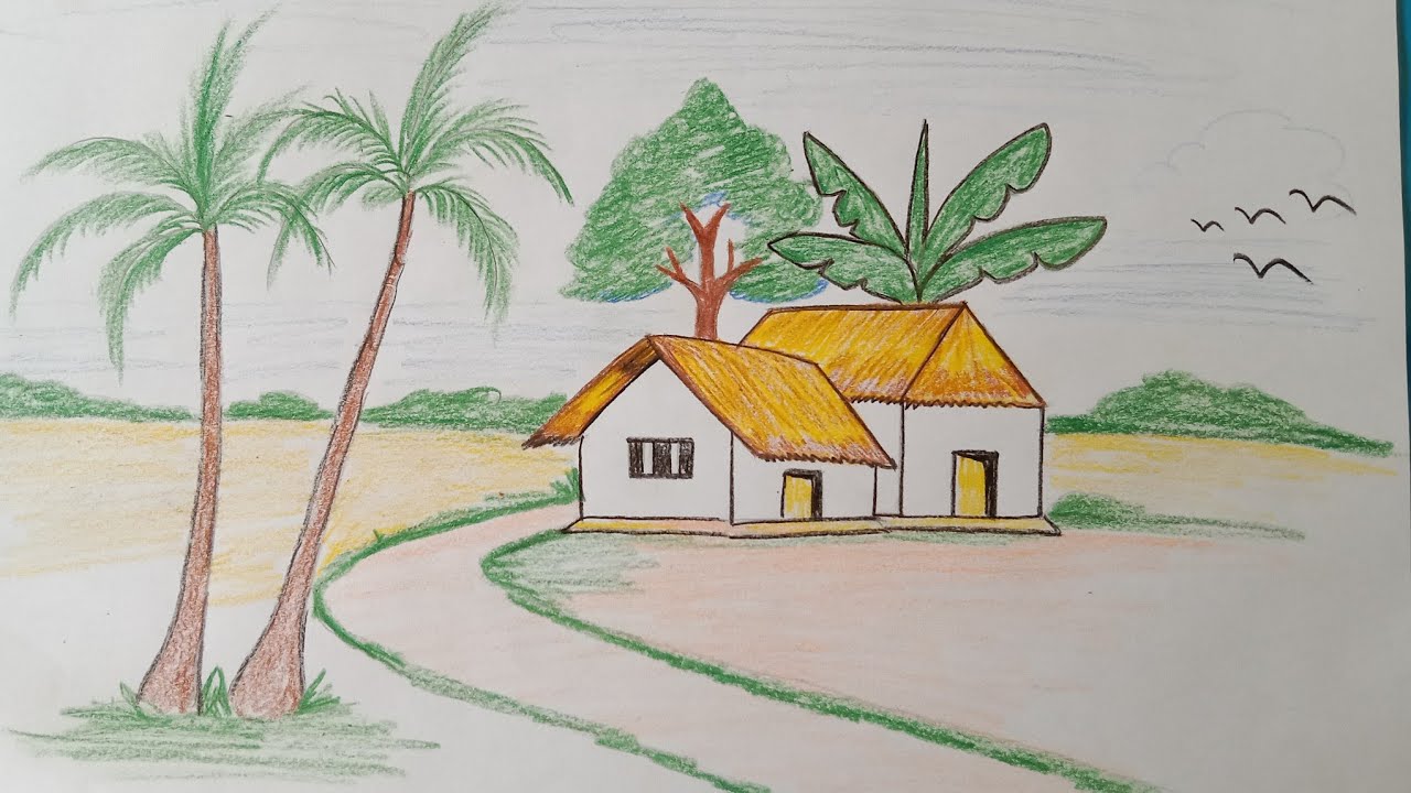 Scenery drawing || How to draw scenery || Scenery drawing tutorial ...