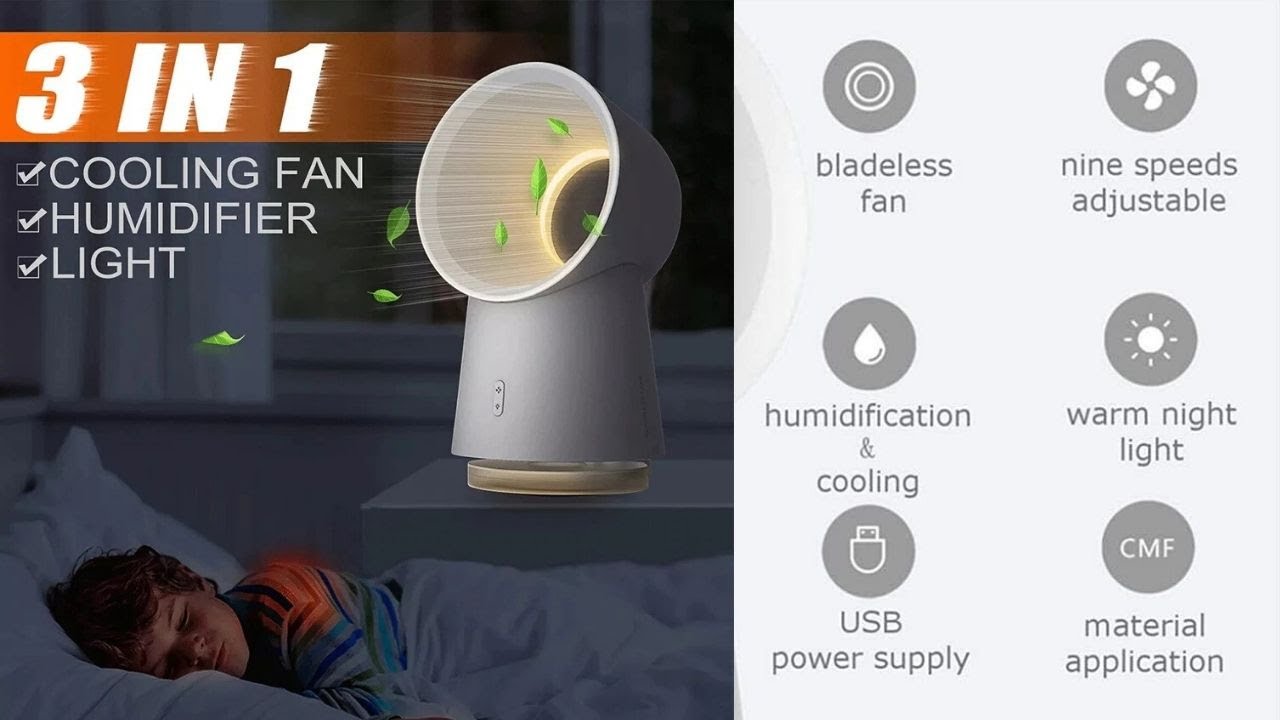 portable mini desk cooling fan humidifier with night light - YouTube