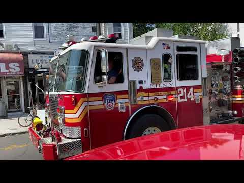 FDNY ENGINE 214 & FDNY TILLER 101 RESPONDING INTO A 4TH ALARM FIRE ON ...