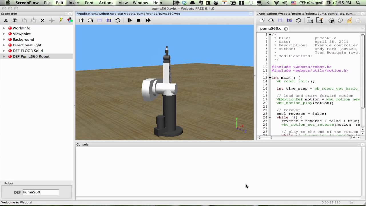 PUMA-560 model in action in Webots simulation tool - YouTube