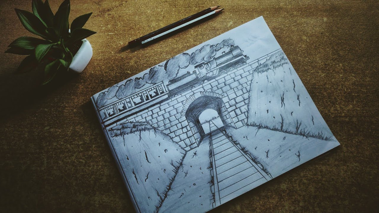 How to draw Train Track and Tunnel || pencil sketch - YouTube