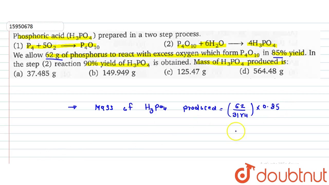 Phosphoric acid `(H_3PO_4)` prepared in a two step process. (1) `P_4+5O ...