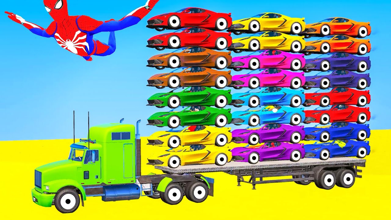 Flatbed Trailer 16 Sports Cars Transportation on Trucks | Spiderman ...