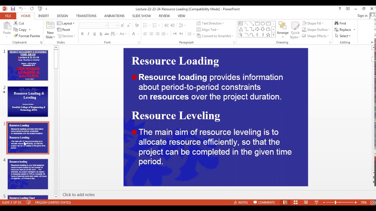Lecture # 22 23 24 Resource loading & Leveling MGT 316 Project ...