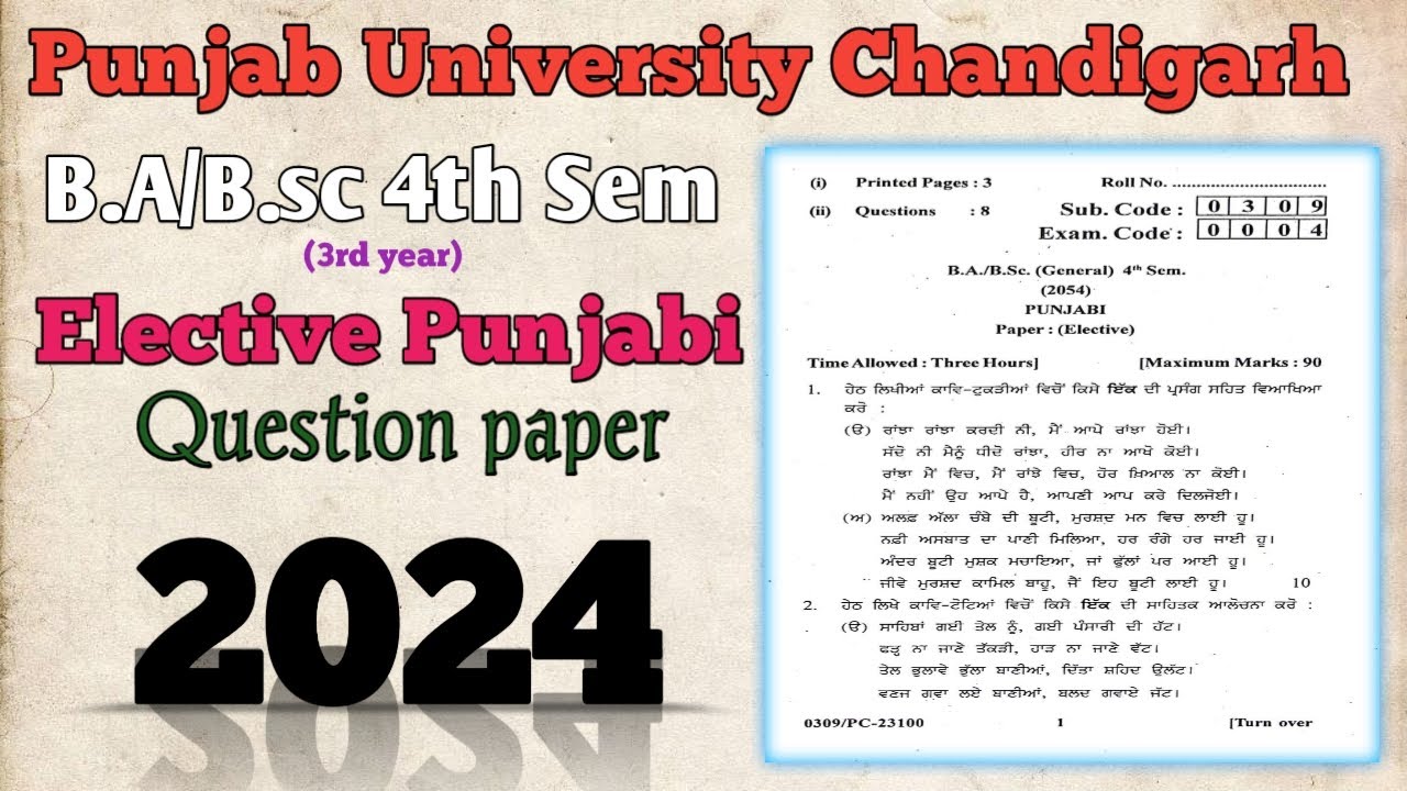 B.A/B.sc 4th Semester (2nd year) Elective Punjabi Question paper 2024 ...