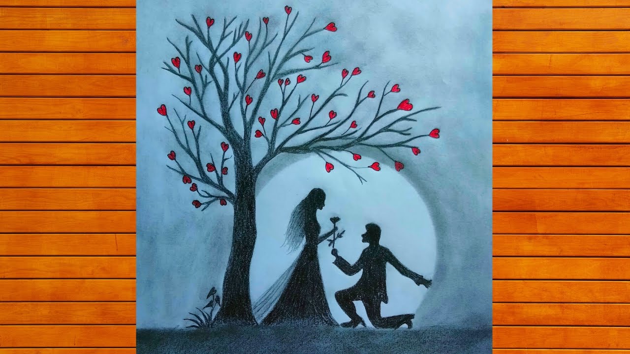 How to Easy Draw Romantic Couple Under Love Tree / Scenery of Moonlight ...