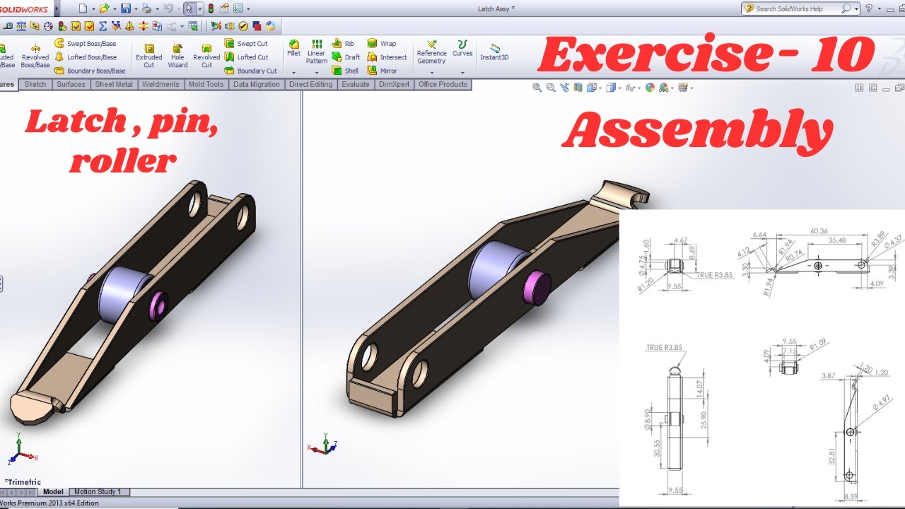 Exercise 10 | Latch ,Pin , Roller | Assembly part |Sheet metal tutorial | solidworks2013 - YouTube