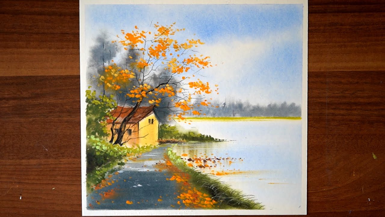 How to draw a village landscape with trees and river - step by step ...