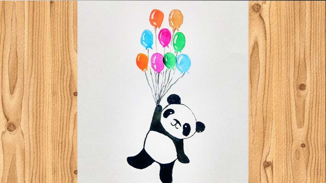 Panda flying with Balloons Watercolor Drawing | easy panda Drawing ...