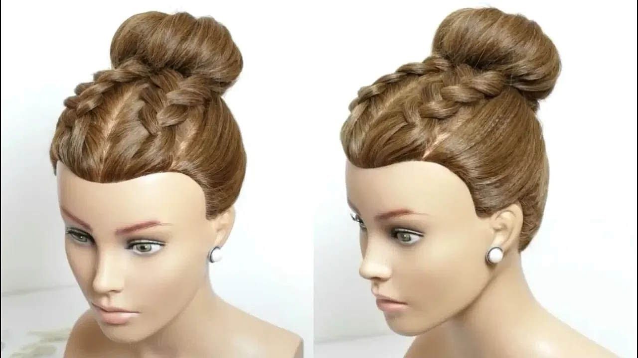 High bun updo with braids. Hairstyle for long hair - YouTube