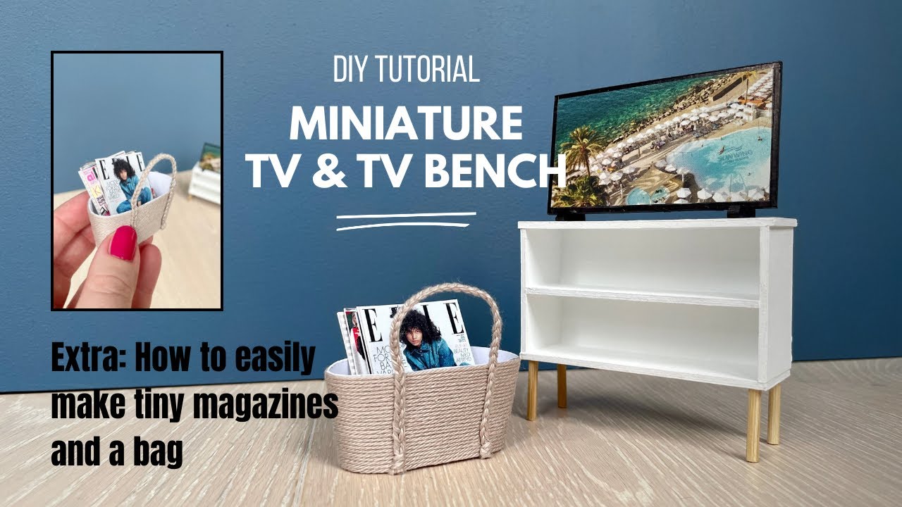 DIY Miniature - How to make a miniature TV & TV BENCH | + magazines and ...