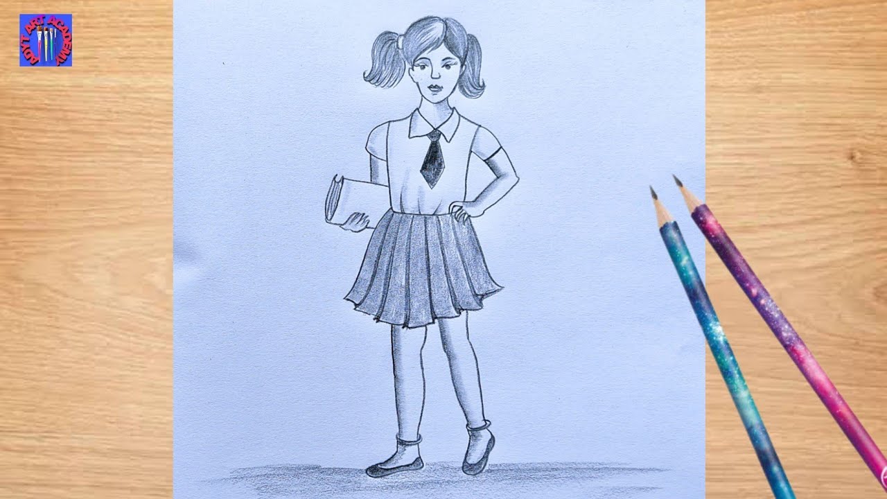 How to draw a cute school girl || draw a girl going to school ...