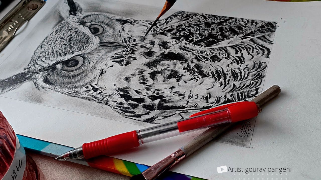Drawing of owl with graphite pencil | time lapse - YouTube