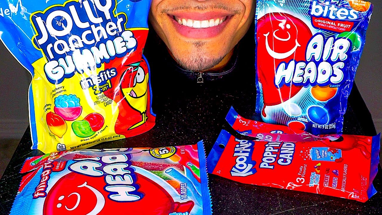 ASMR AIRHEADS FILLED ROPES BITES KOOL-AID POPPING CANDY JOLLY RANCHER ...