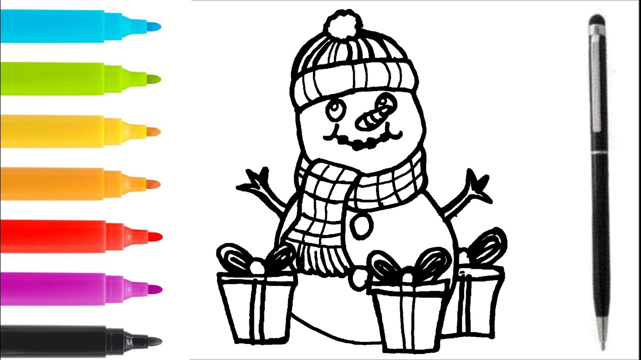 Christmas snowman drawing and coloring for children - YouTube