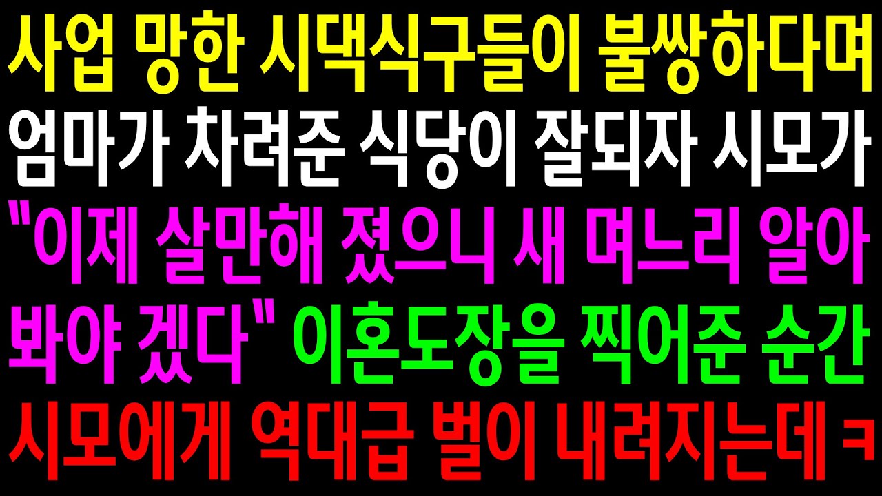 반전사연사업 망한 시댁식구들이 불쌍하다며 엄마가 차려준 식당이 잘되자 시모가 새 며느리를 알아본다는데이혼도장을 찍자