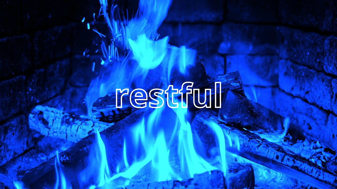 restful blue fireplace ~ burning logs and crackling fire sounds & blue ...